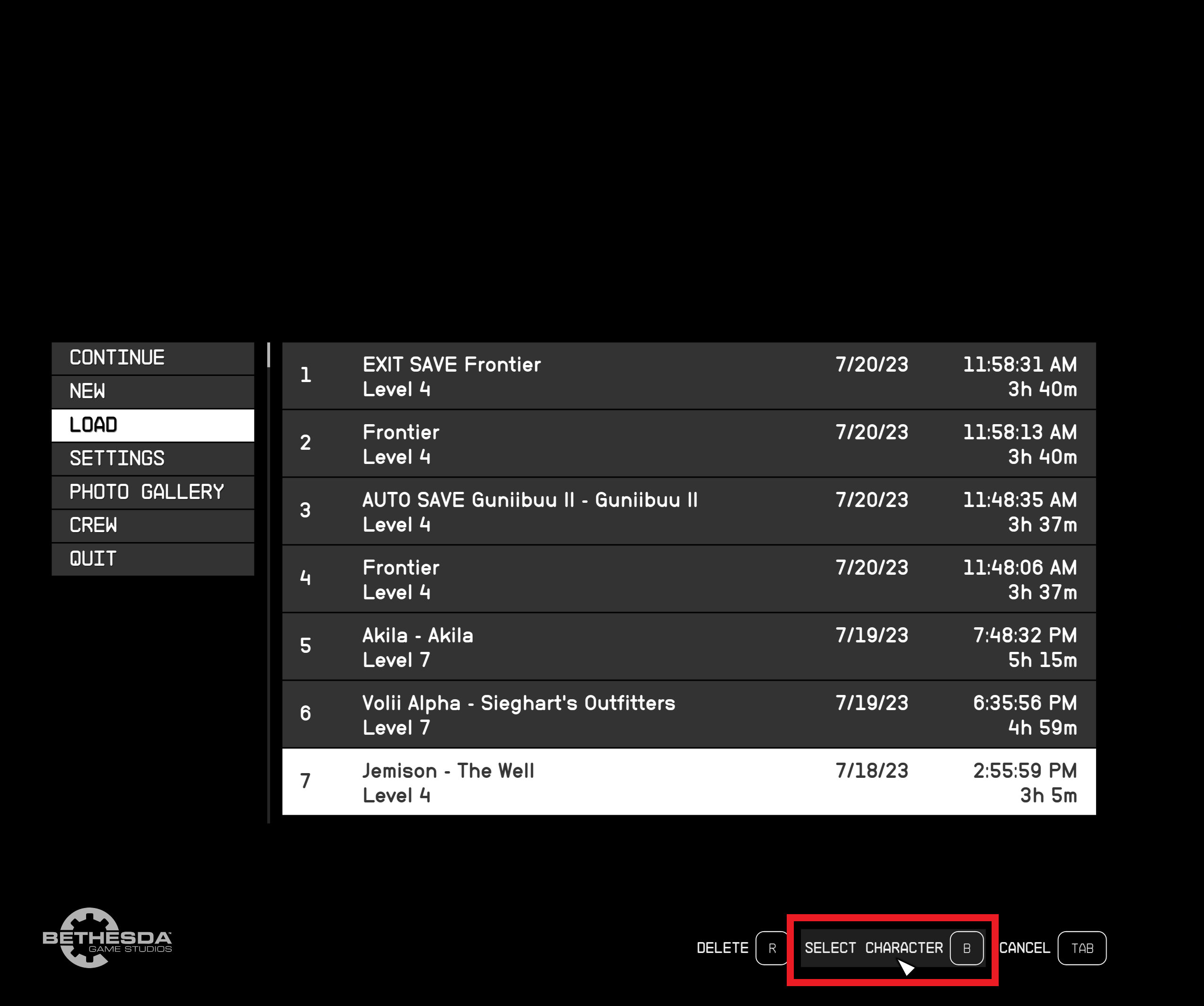 How do I select different characters in Starfield? - Bethesda Support